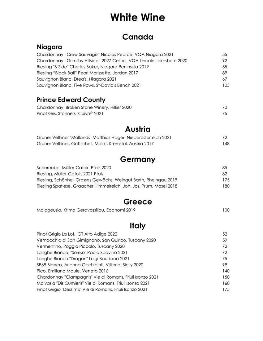 Wine & Cocktail List