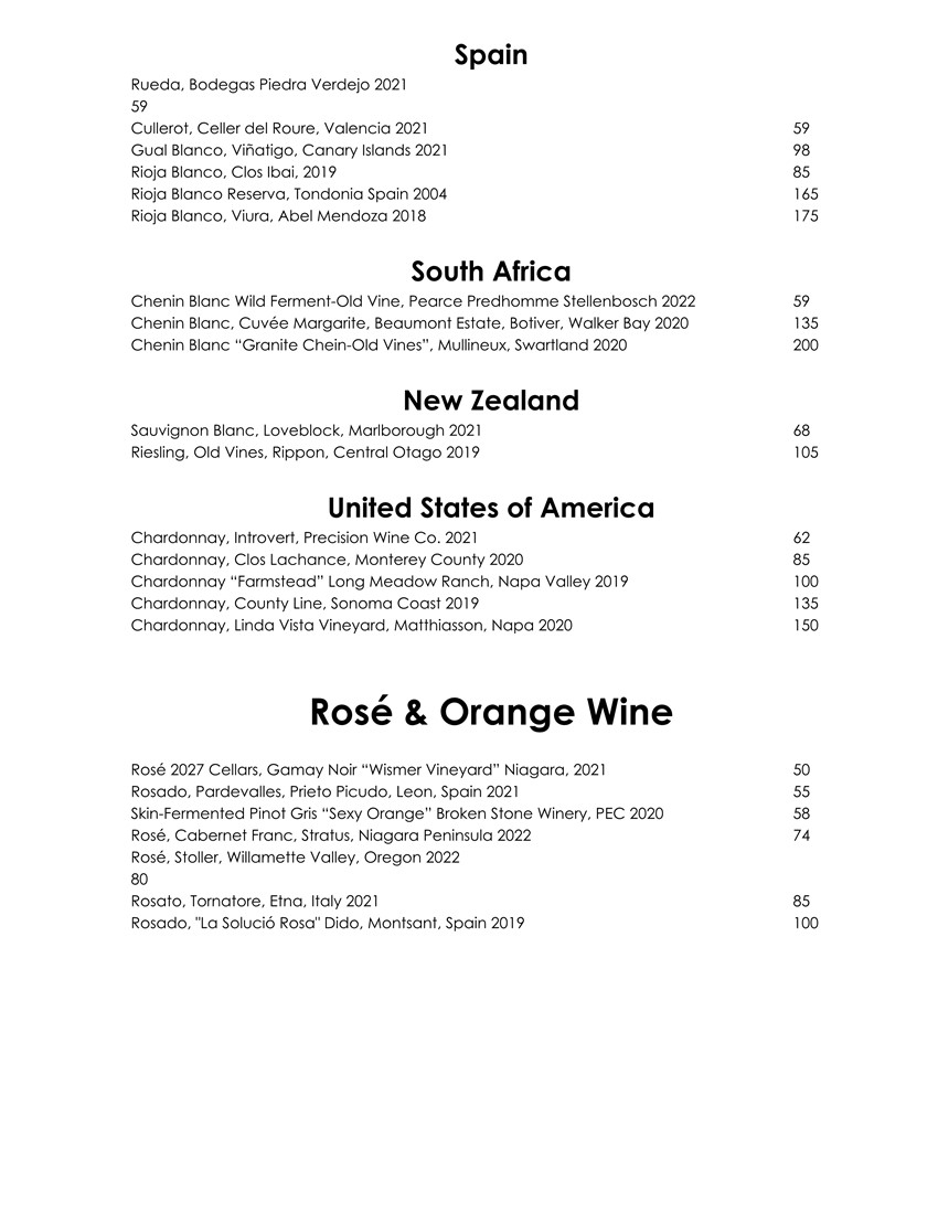 Wine & Cocktail List