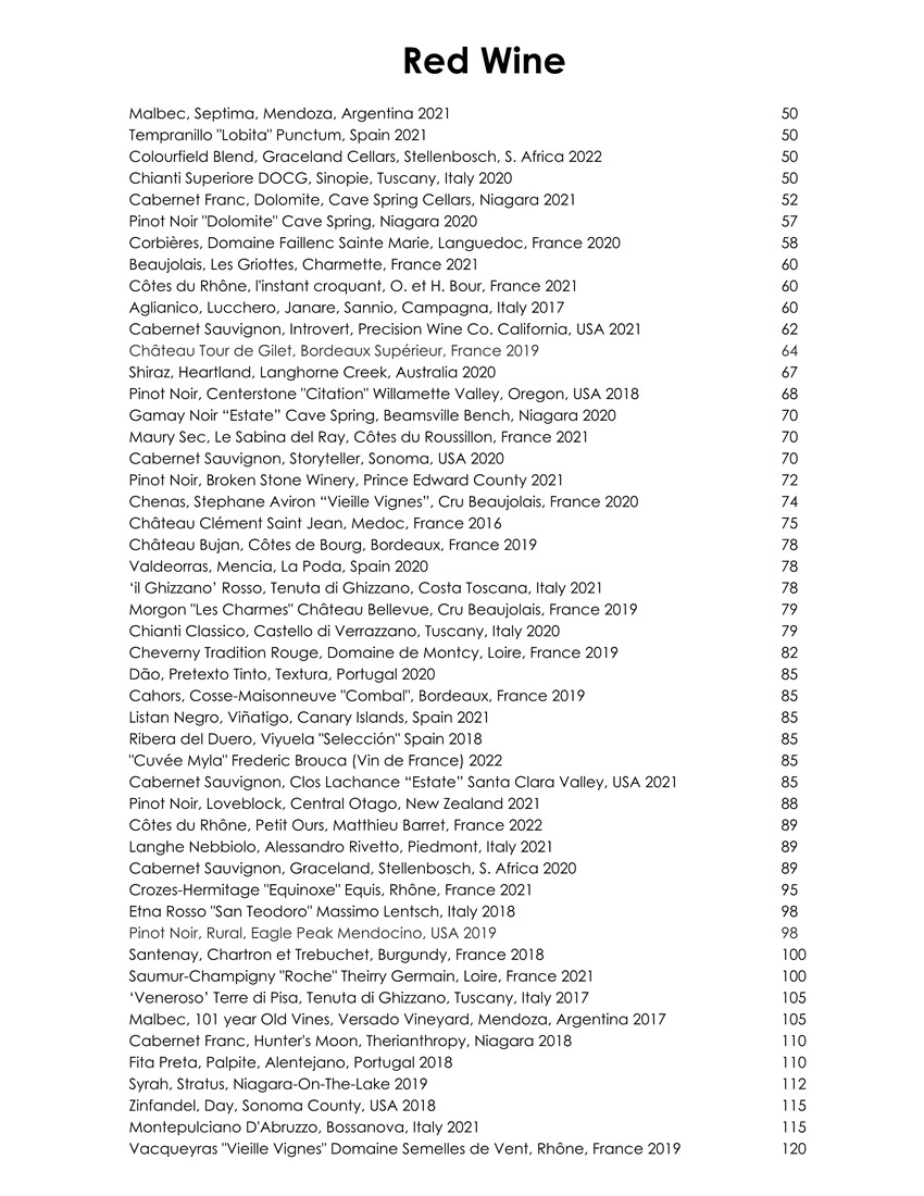 Wine & Cocktail List