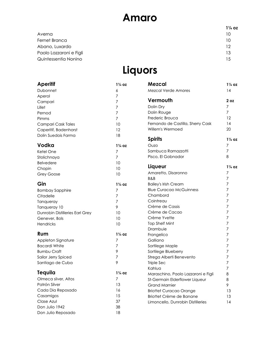 Wine & Cocktail List